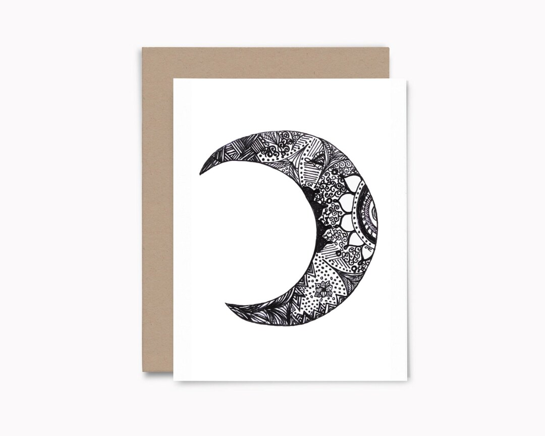 Zentangled Crescent Moon Greeting Cards, Moon Card, Crescent Moon Card ...
