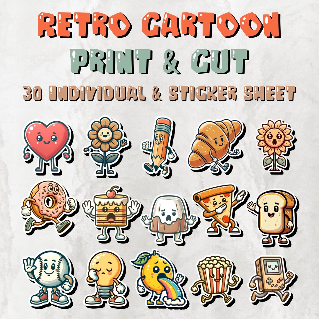 Retro Cartoon Sticker | Retro Cartoon Sticker Sheet Template | Vintage ...