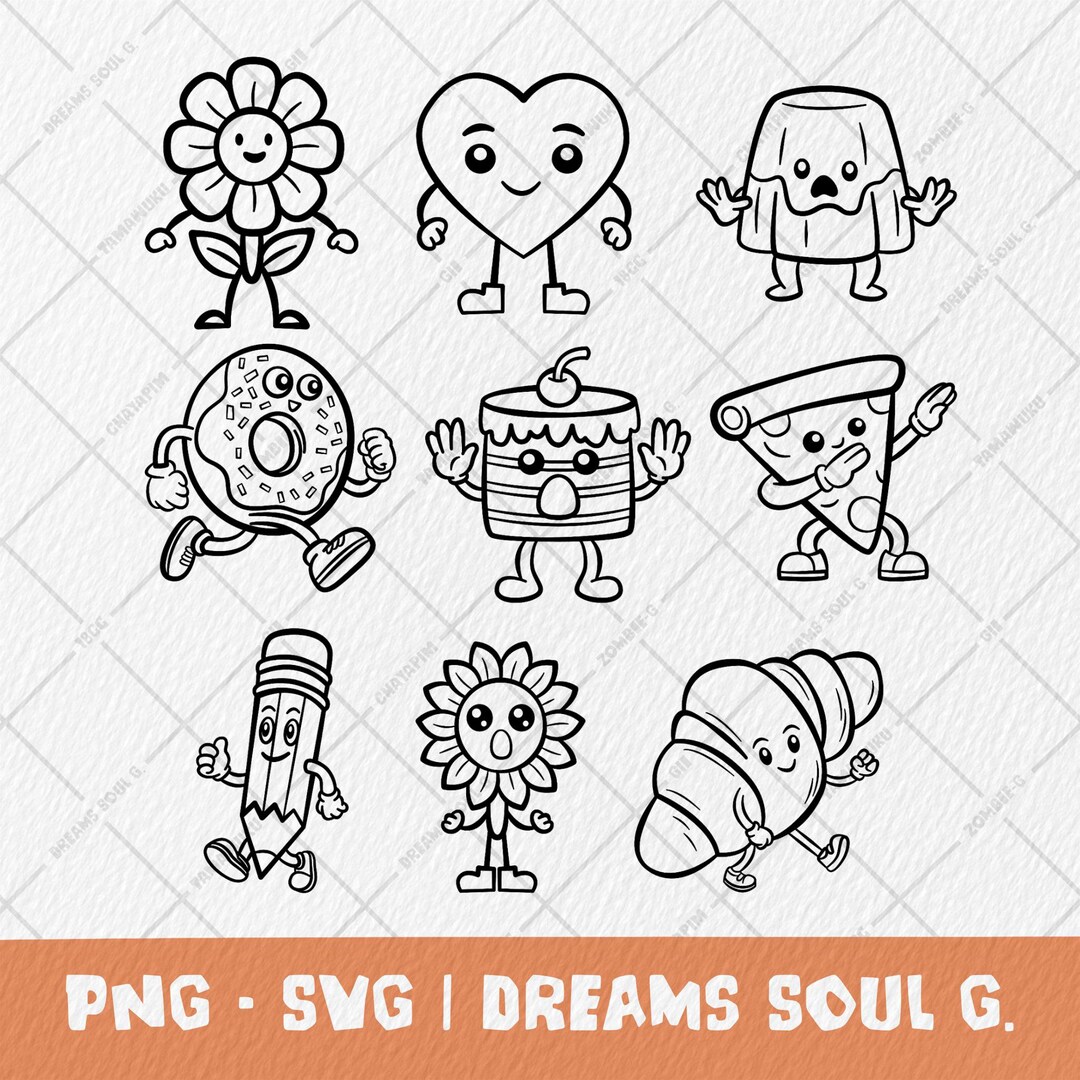 Retro Cartoon Character Outline SVG PNG: Hand-drawn Illustrations ...