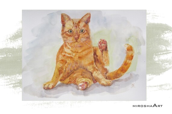 Orange Cat Original Watercolor Painting Animal Bird Art - Etsy