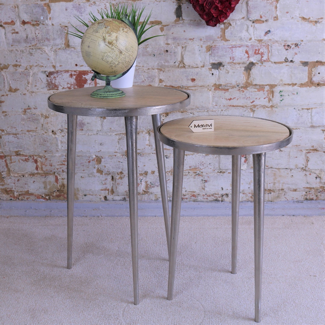 Set of 2 Aluminium Rough Cast Tables With Mango Wood Tops - Etsy