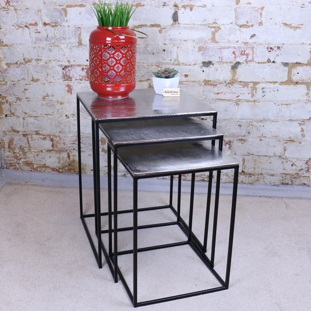 Karari Set of 3 Square Aluminium Tables Distressed Finish - Etsy