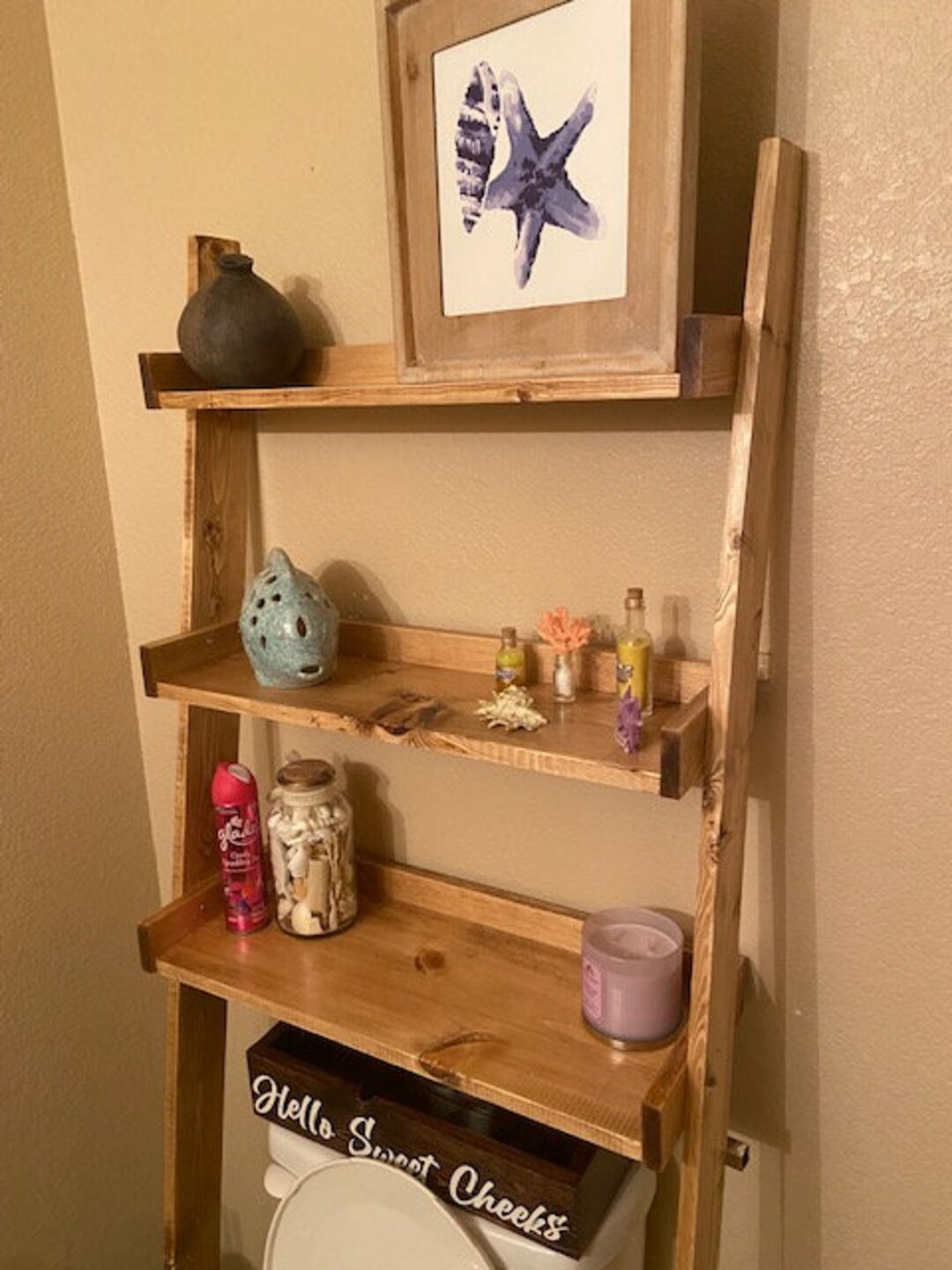Rustic Farmhouse Decor, Over the Toilet Bathroom Ladder Shelf, Wooden ...