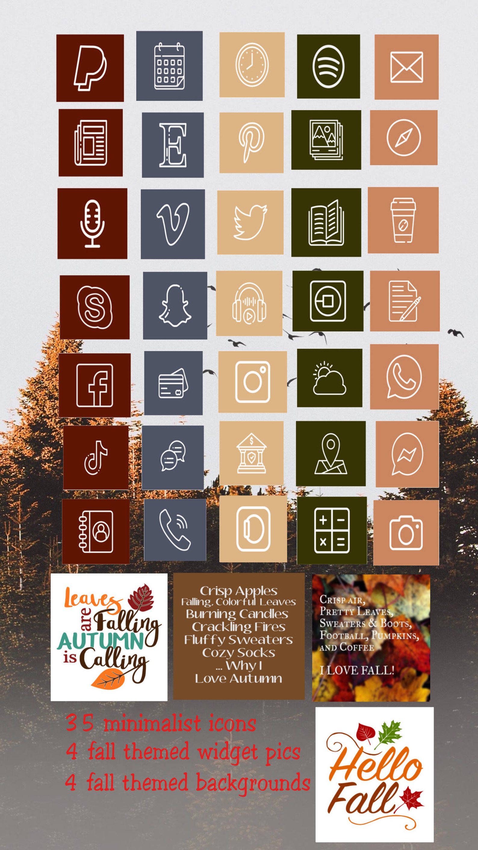 App Icons Fall Themed Minimalist Line Design Aesthetic iOS 14 | Etsy