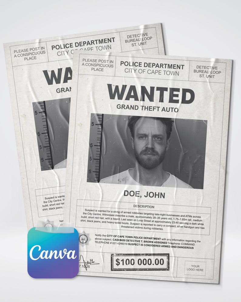 Editable Wanted Poster, Canva Template, With Mugshot AI Prompt - Etsy