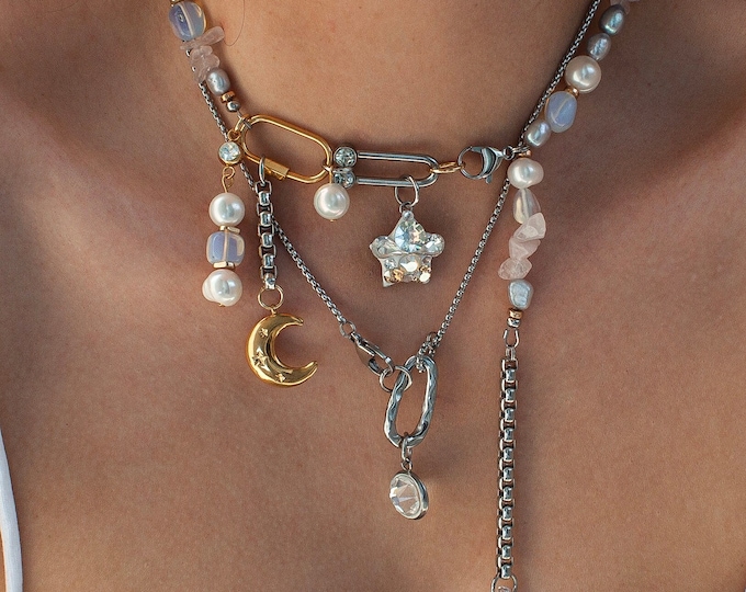 Gold Carabiner Necklace With Opal and Swarovski Crystal Star Pendant ...