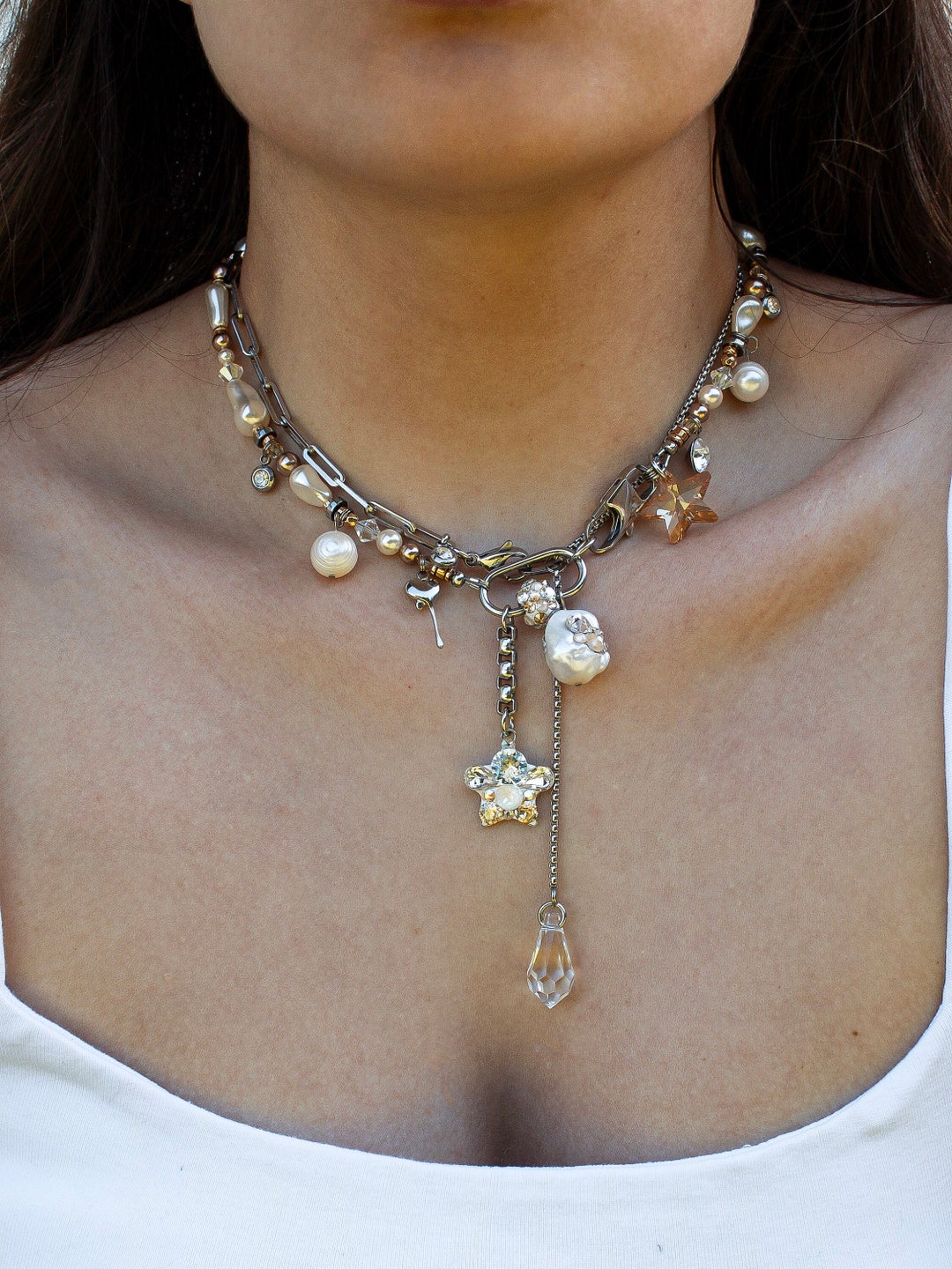 Multi Pearl Bead Choker Necklace With Silver Carabiner Lock Multi Crystal Bead Necklace With