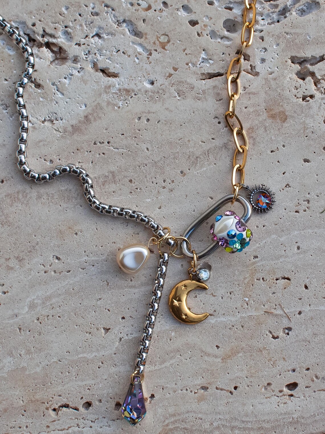 Silver Carabiner Necklace With Swarovski Crystals, Half Tone Stainless ...