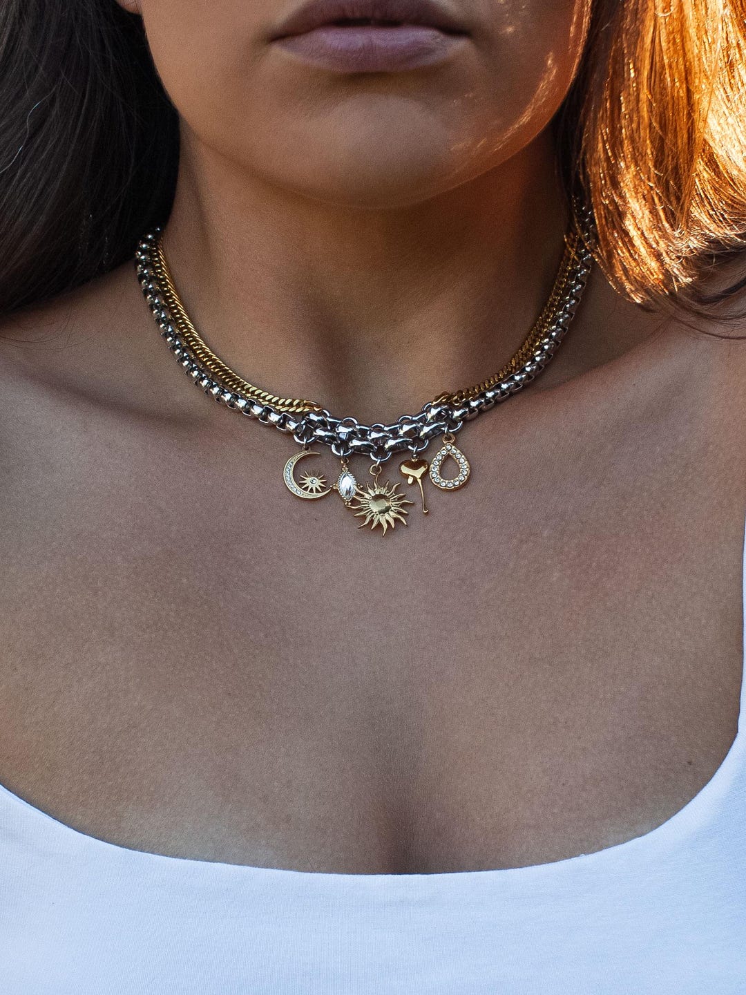 Multi Charm Choker Necklace Silver and Gold Stainless Steel Choker ...