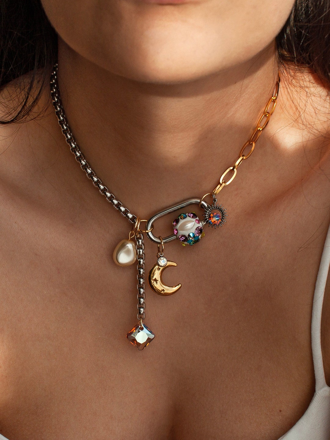 Silver Carabiner Necklace With Swarovski Crystals, Half Tone Stainless ...