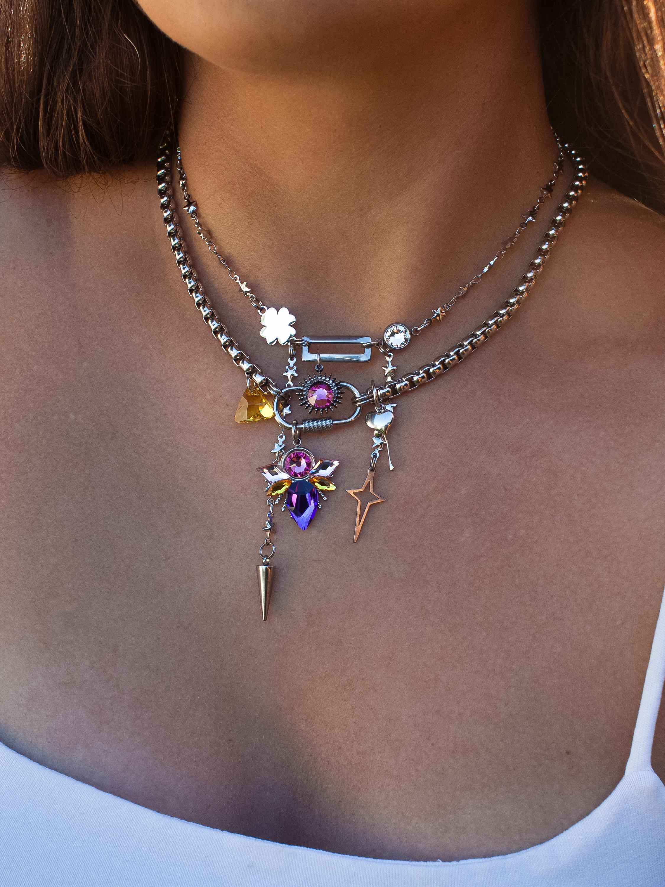 Silver Carabiner Necklace With Multi Color Swarovski Crystals, Choker ...