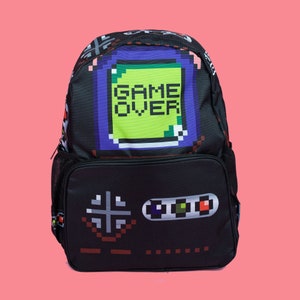 Game Over Black Printed Nylon Backpack - Retro Style - Gaming - School ...