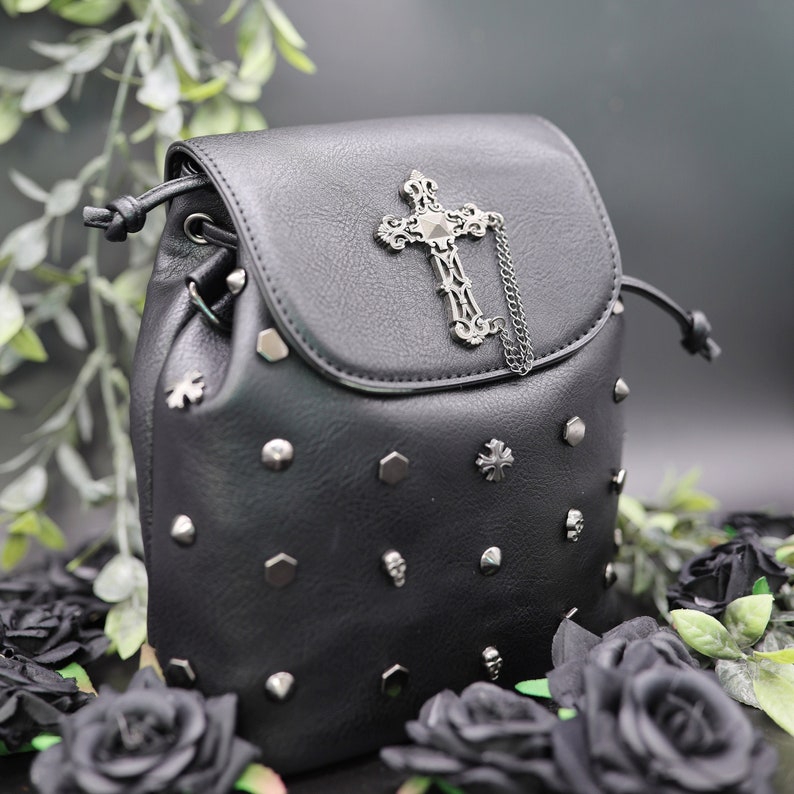 GOTHX Mini Black Vegan Cross and Stud Backpack - Gothic Style - Dark ...