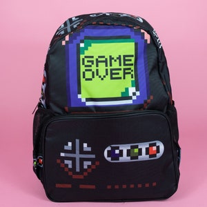 Game Over Black Printed Nylon Backpack - Retro Style - Gaming - School ...