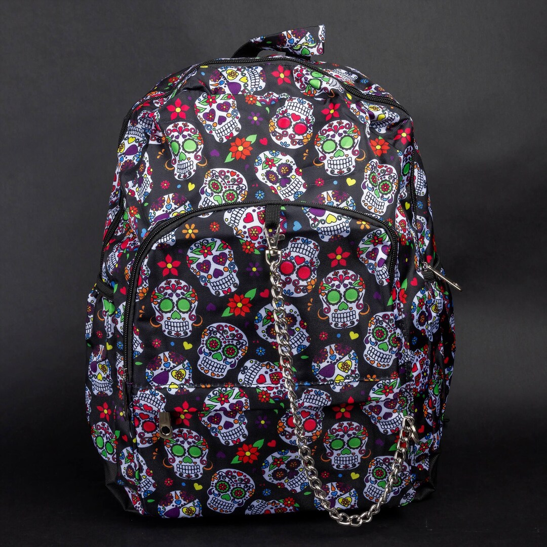 Neon Bloom Sugar Skull Backpack With Chain Detail Vegan School Bag ...