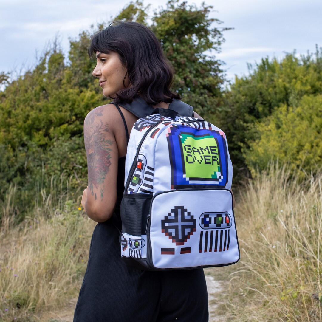 Game Over White Printed Nylon Backpack - Retro Style - Gaming - 90s ...