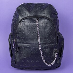 Black Embossed Cross Backpack With Chain Detail - Etsy