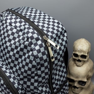 Grey Checkerboard Printed Nylon Backpack With Chain Detail - Vegan ...