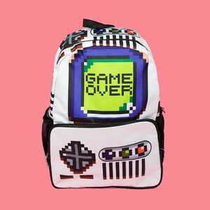 Game Over White Printed Nylon Backpack - Retro Style - Gaming - 90s ...