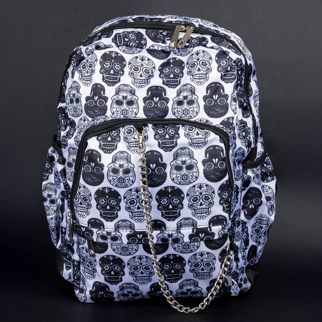 Black and White Sugar Skull Backpack With Chain Detail - Vegan - School ...