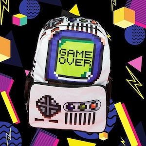 Game Over White Printed Nylon Backpack - Retro Style - Gaming - 90s ...