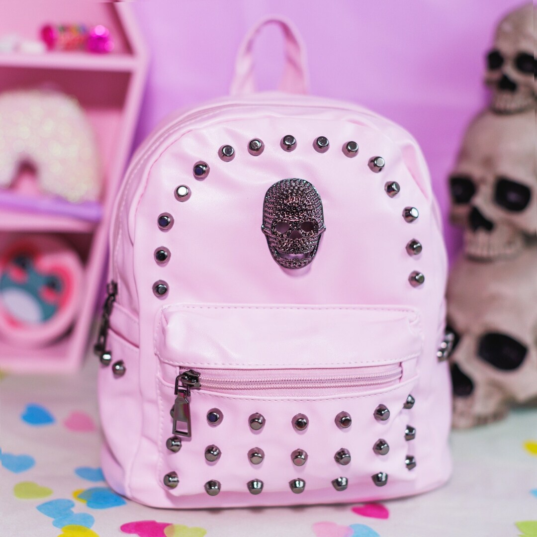 GOTHX Pink Pastel Goth Vegan Skull Head Mini Stud Backpack - Soft ...