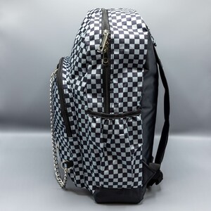 Grey Checkerboard Printed Nylon Backpack With Chain Detail - Vegan ...