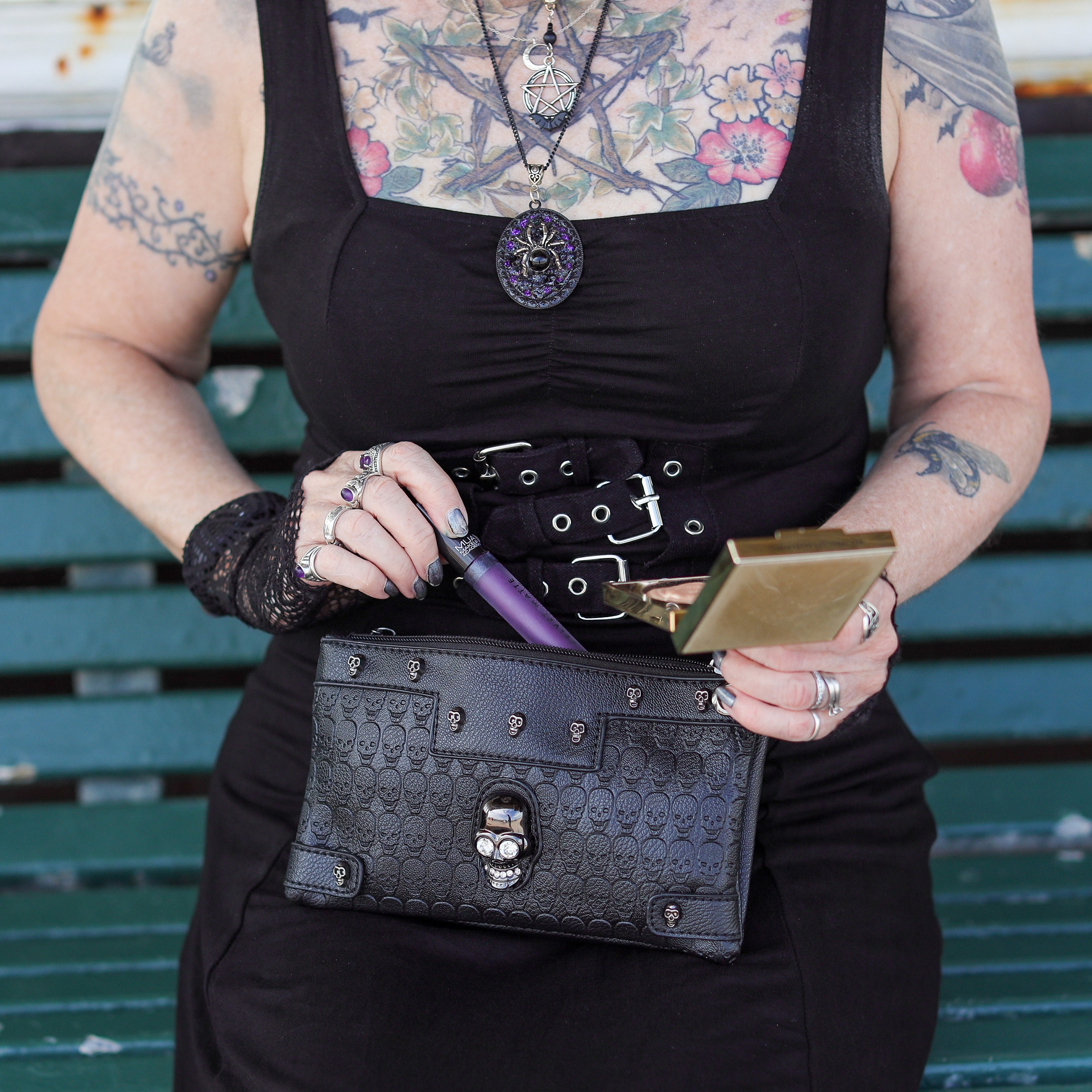 GOTHX Crystal Skull Embossed Vegan Leather Black Clutch Bag - Makeup ...