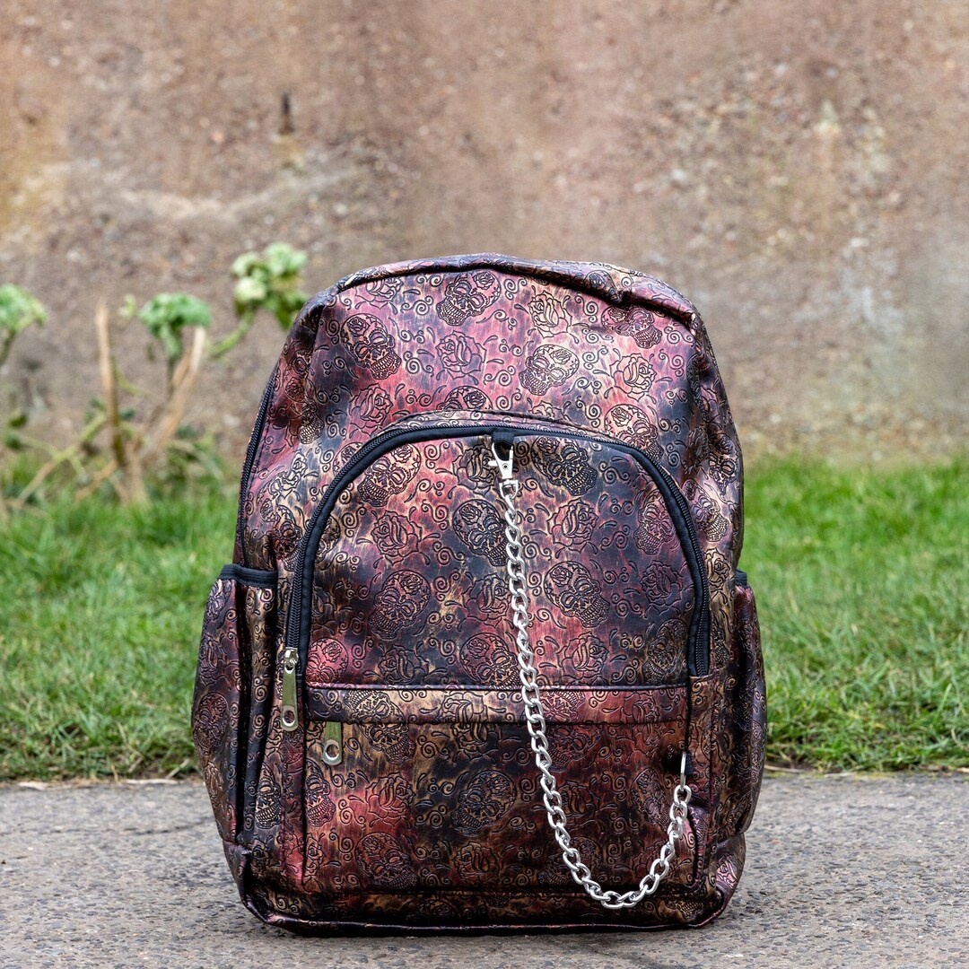 Rustic Skulls & Roses Backpack With Chain Detail - Vegan Friendly ...