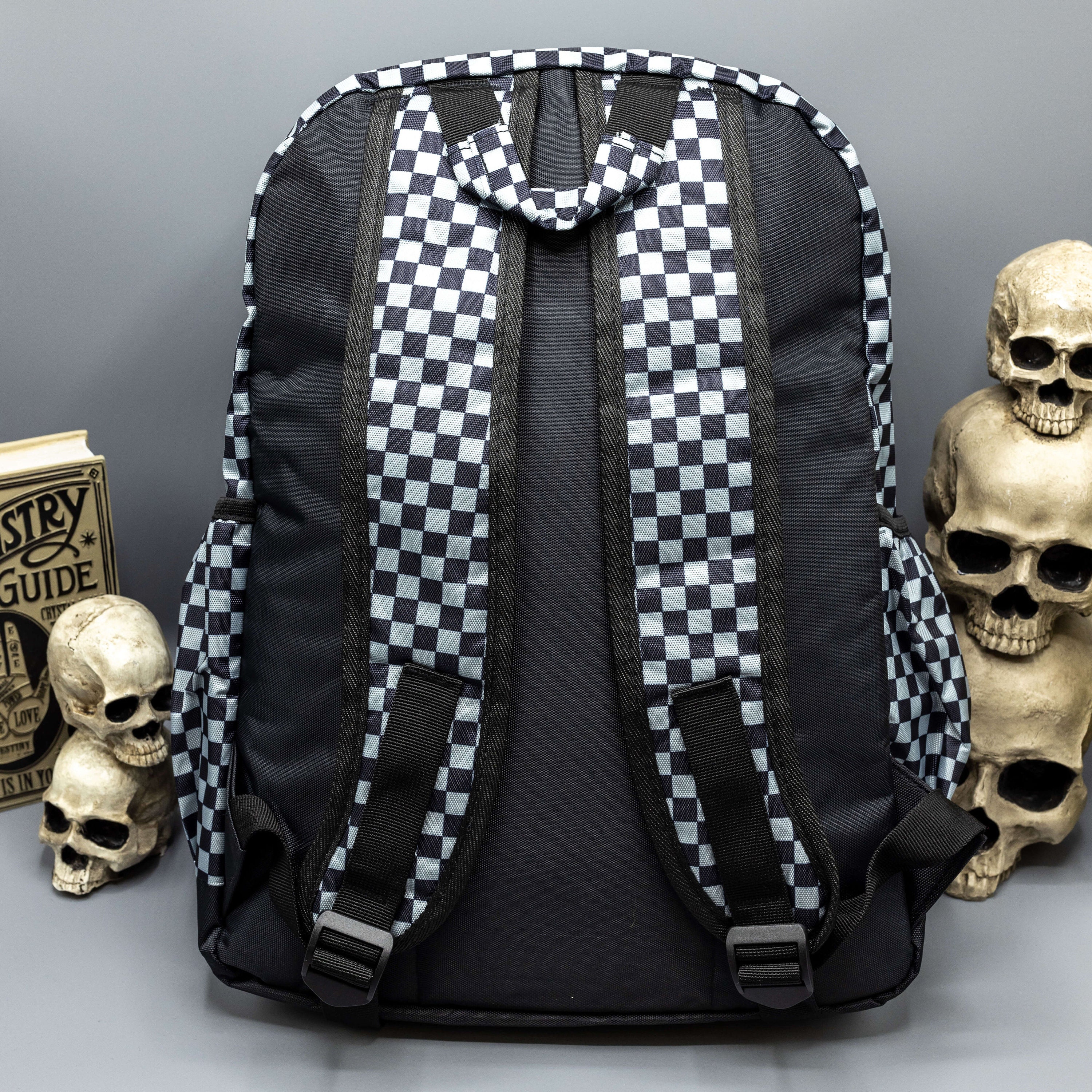 Grey Checkerboard Printed Nylon Backpack With Chain Detail - Vegan ...