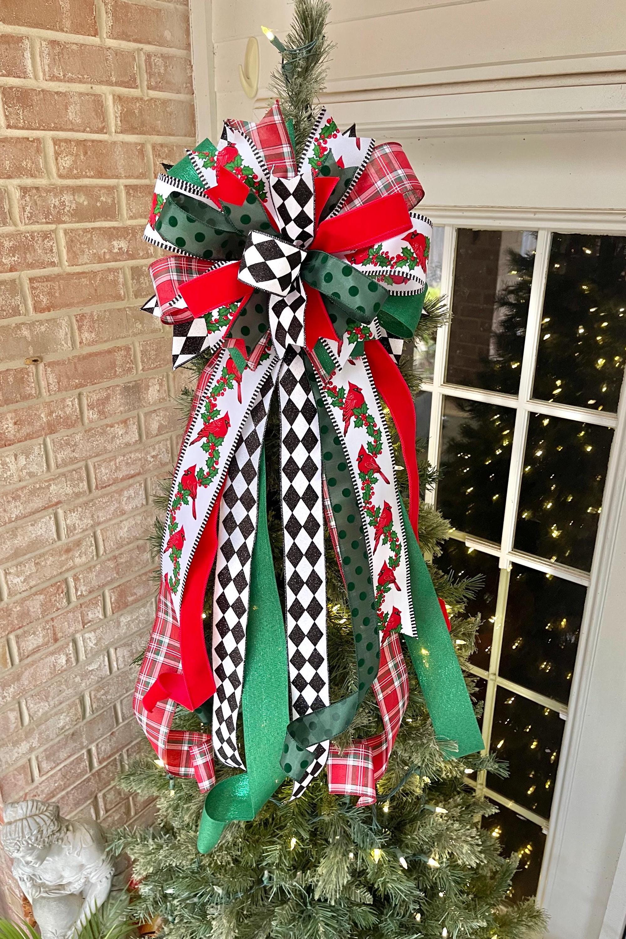 Large Christmas Cardinal Tree Topper Bow, Traditional Red and Green ...