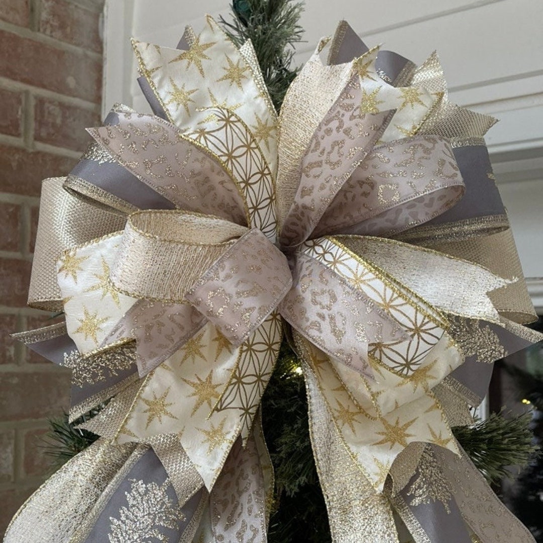 Large Christmas Tree Topper Bow Platinum Champagne Creme Etsy