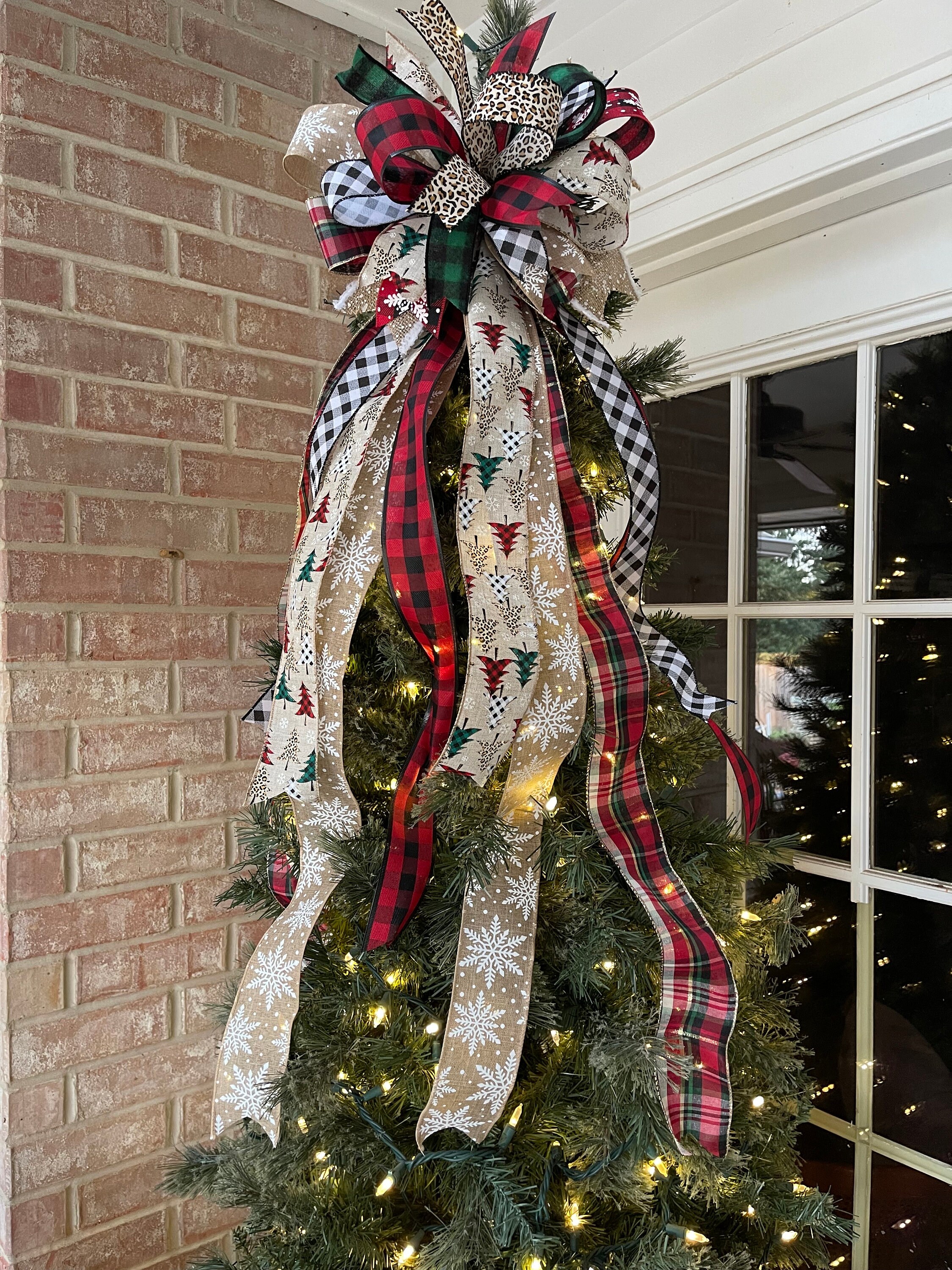 Large Christmas Tree Topper Bow Designed With Plaid Ribbons, Farmhouse ...