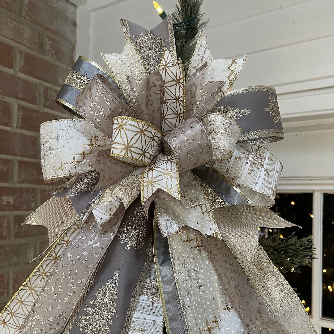 Large Christmas Tree Topper Bow, Platinum, Champagne, Creme, Gold Tree ...