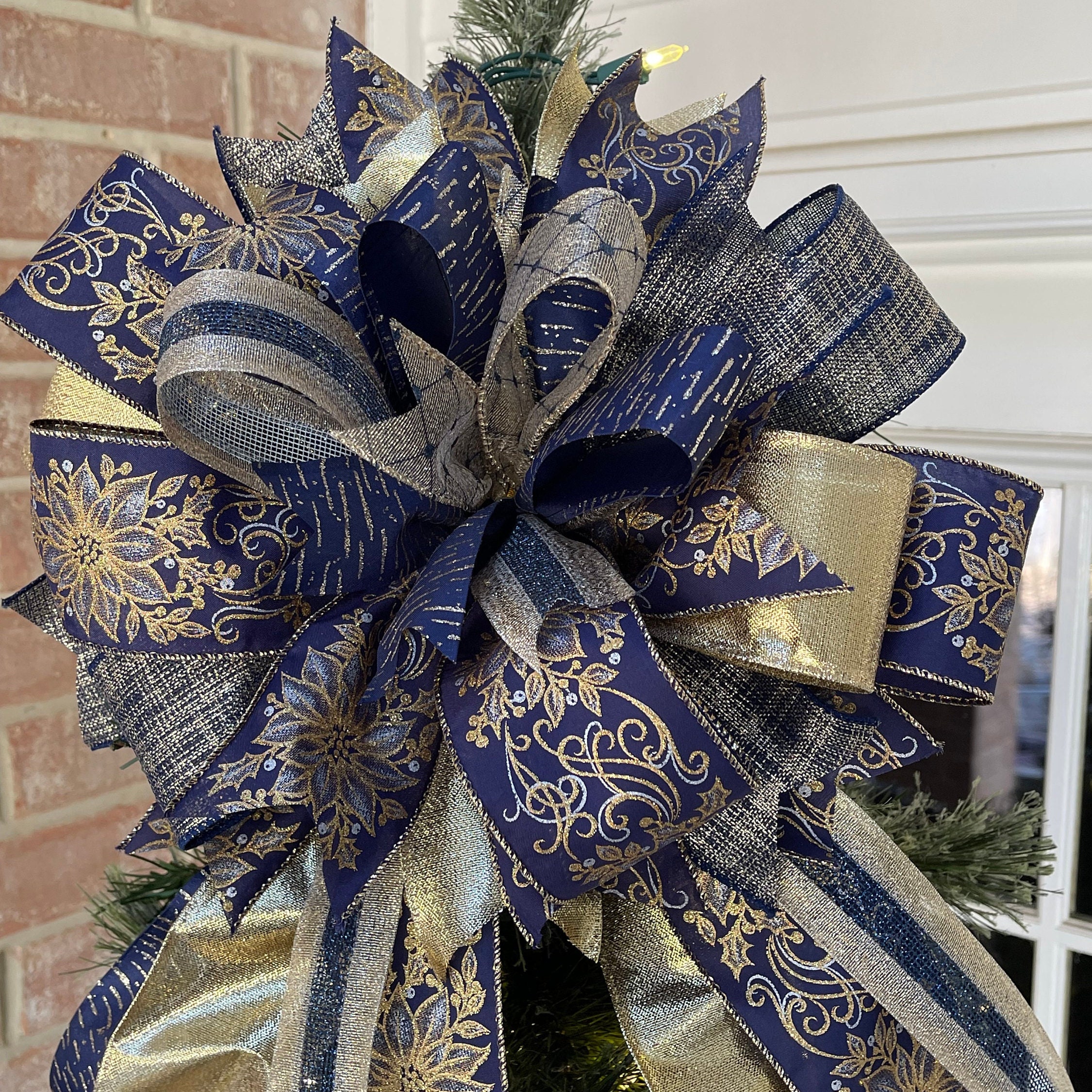 Christmas Tree Topper Bow, Navy Blue and Gold Tree Topper Bow ...