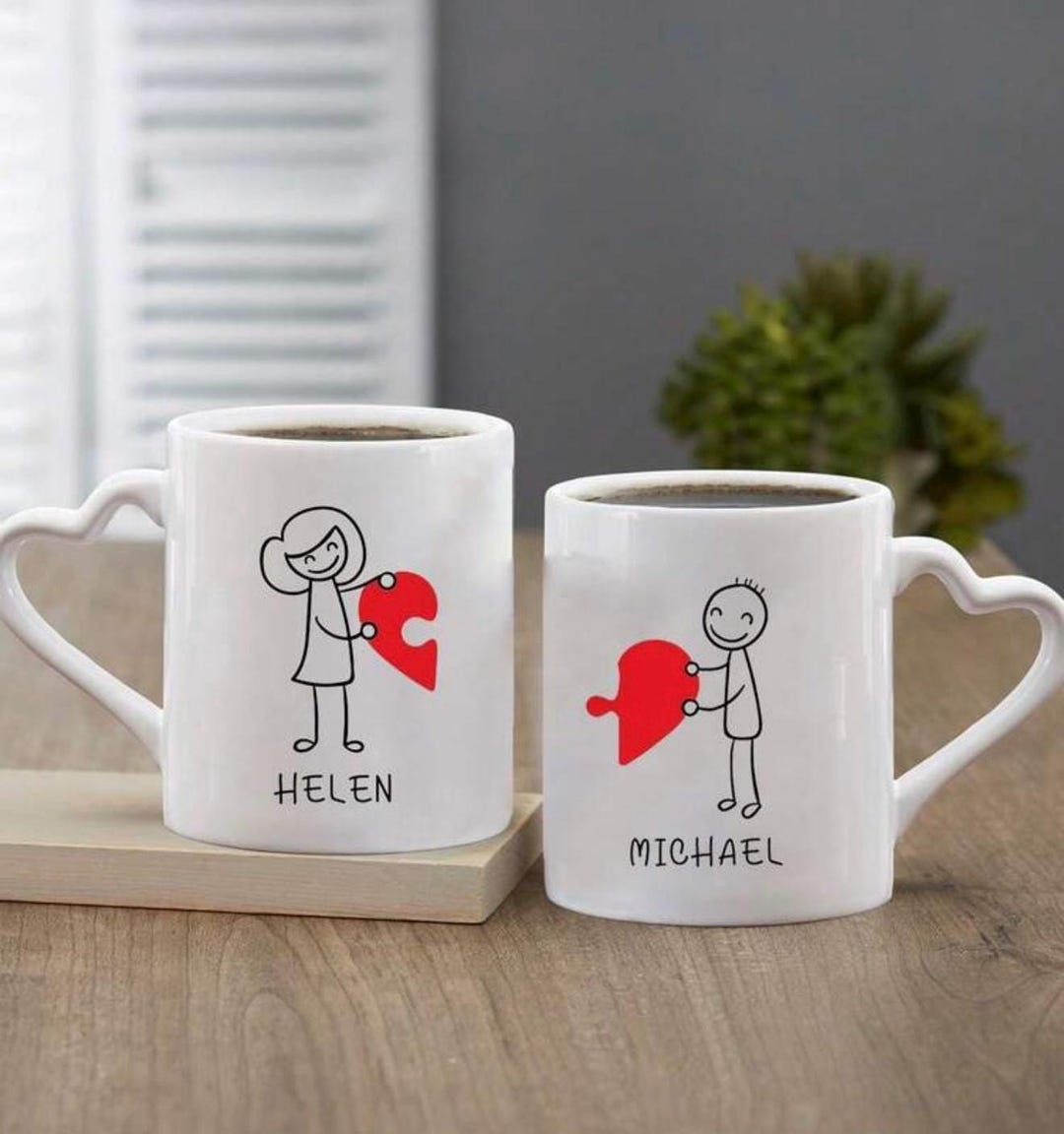 Personalised Couple Mugs Set, Matching Heart Puzzle Mugs, Custom Name ...