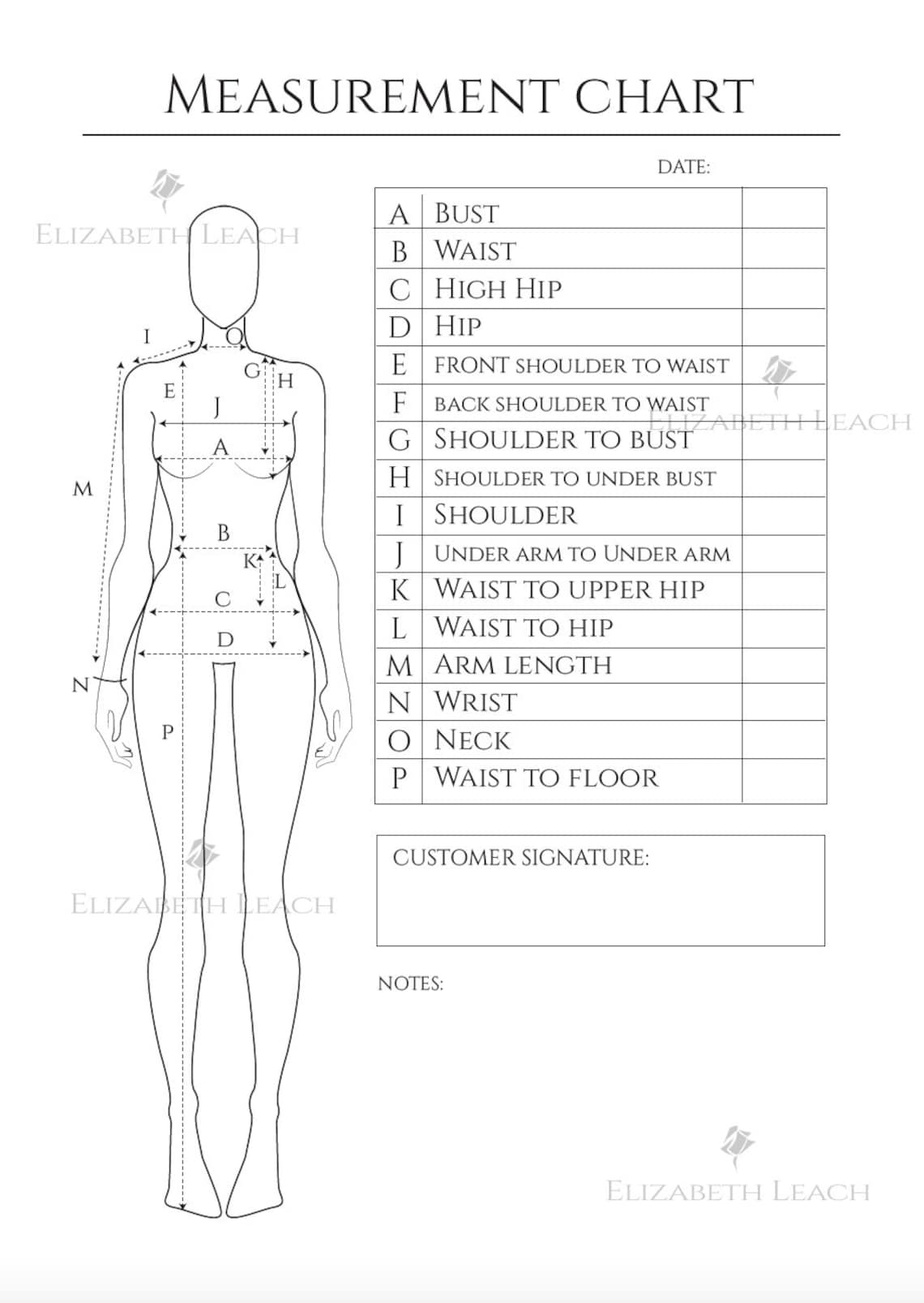 Body Measurement Chart for Dressmakers - Female Body - Fillable Women ...