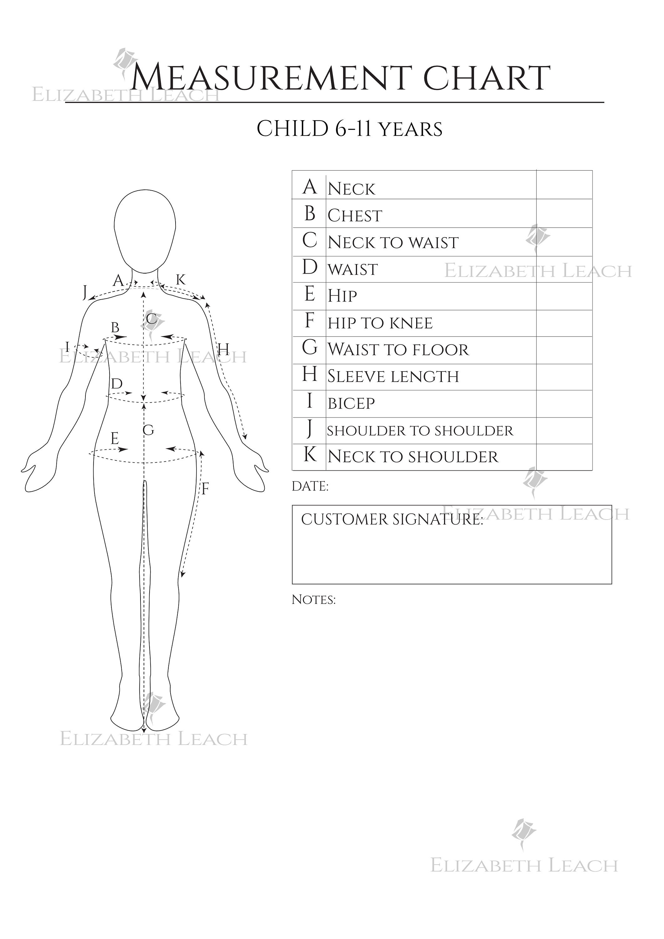 Body Measurement Chart for Dressmakers Child Fillable Children's ...