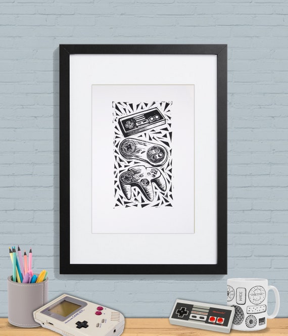 A4 Retro Gaming Controllers Original Lino Print in Black | Etsy