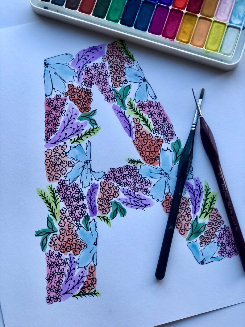 Hand Painted Flower Initial Watercolour Painting Floral Letter Name ...