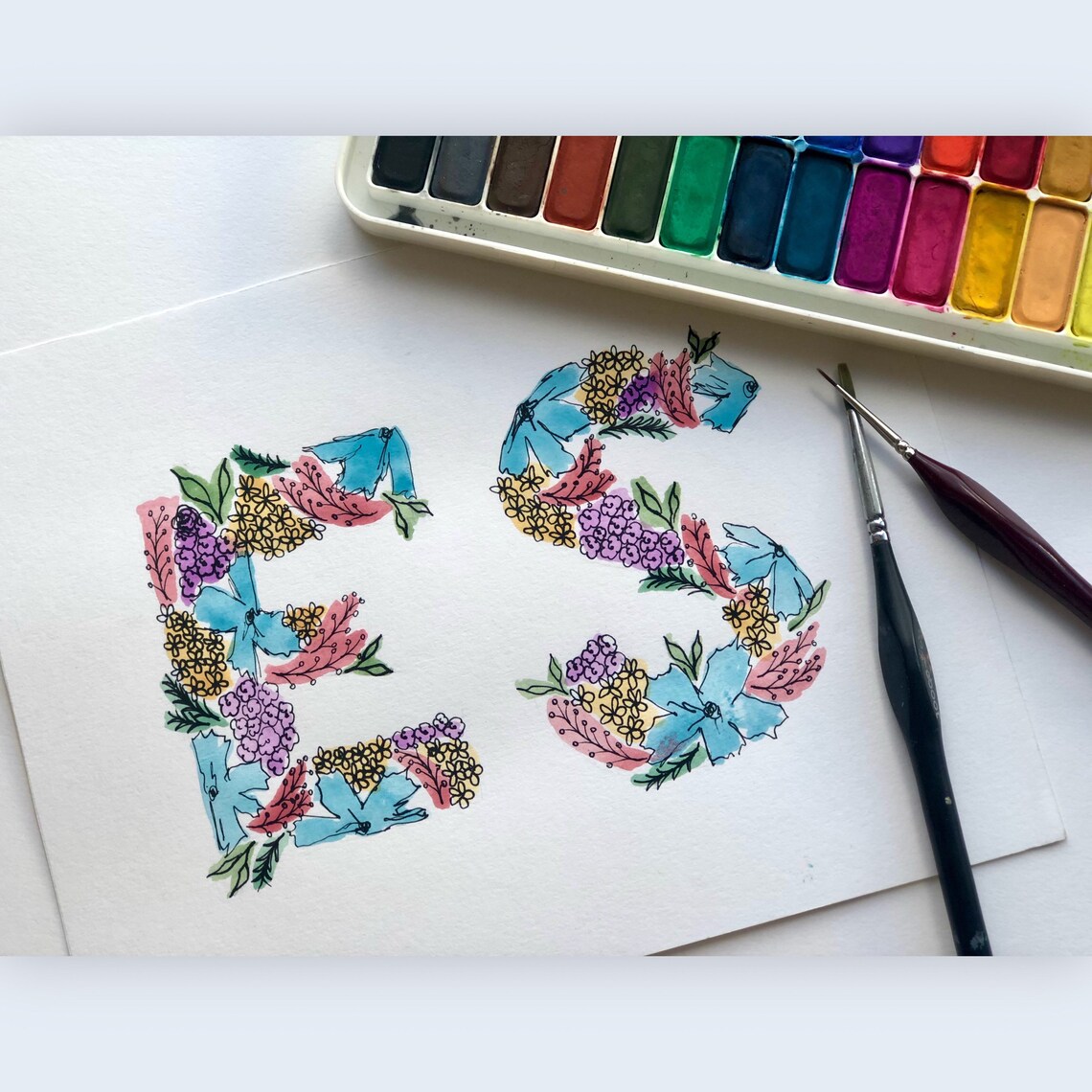 Hand Painted Flower Initial Watercolour Painting Floral Letter Name ...