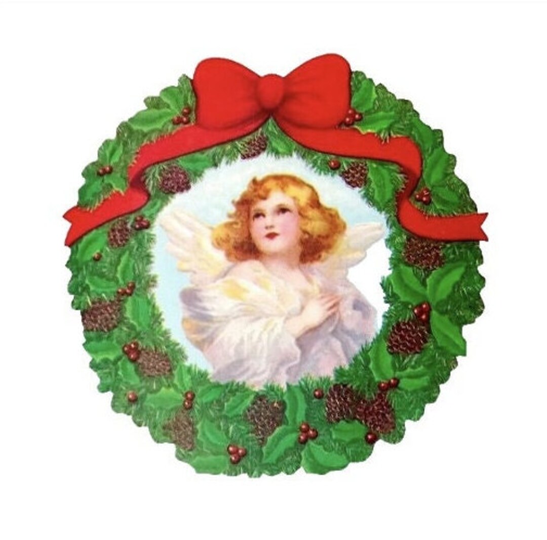 WREATH With ANGEL Kromekote Sandylion Stickers 1 Large Square Vintage ...