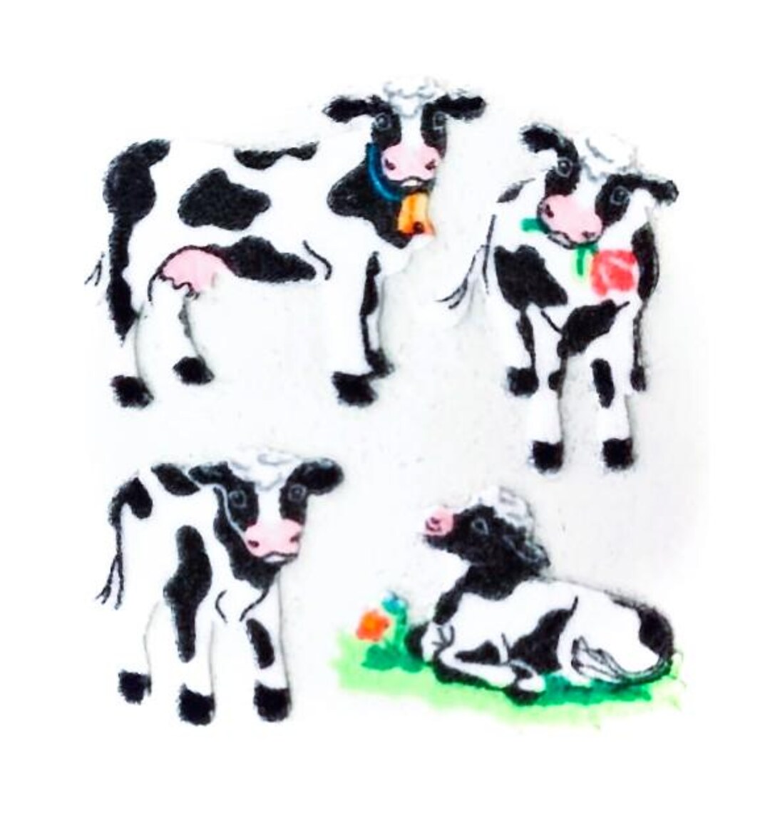 COW FAMILY COWS Fuzzy Sandylion Stickers - 1 Square ** Vintage * Rare ...