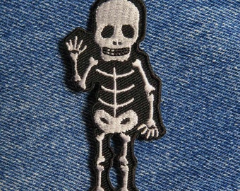 Skeleton Middle Finger Sew Iron on Patch Bone Hand Sign Rock and Roll Black White Embroidered ...