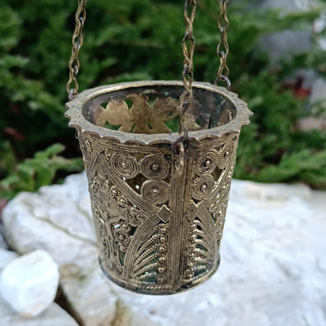 Vintage Brass Censer Incense Burner Holder Filigree Lantern With Chain ...