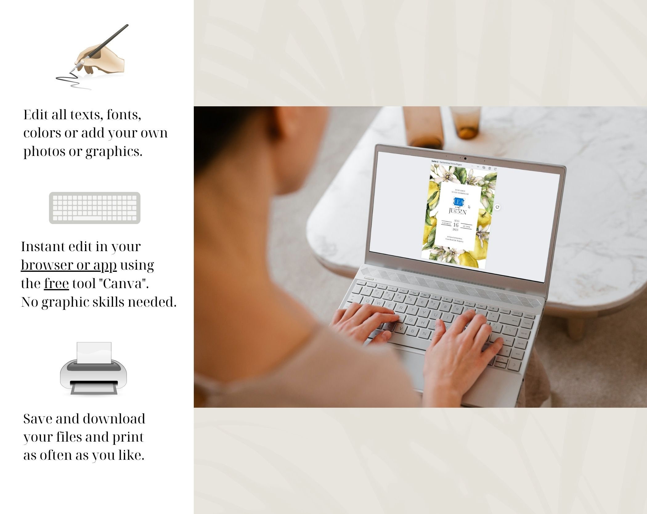 Wedding Invitation lea Design Template for Canva, Editable, Lime Lemon ...