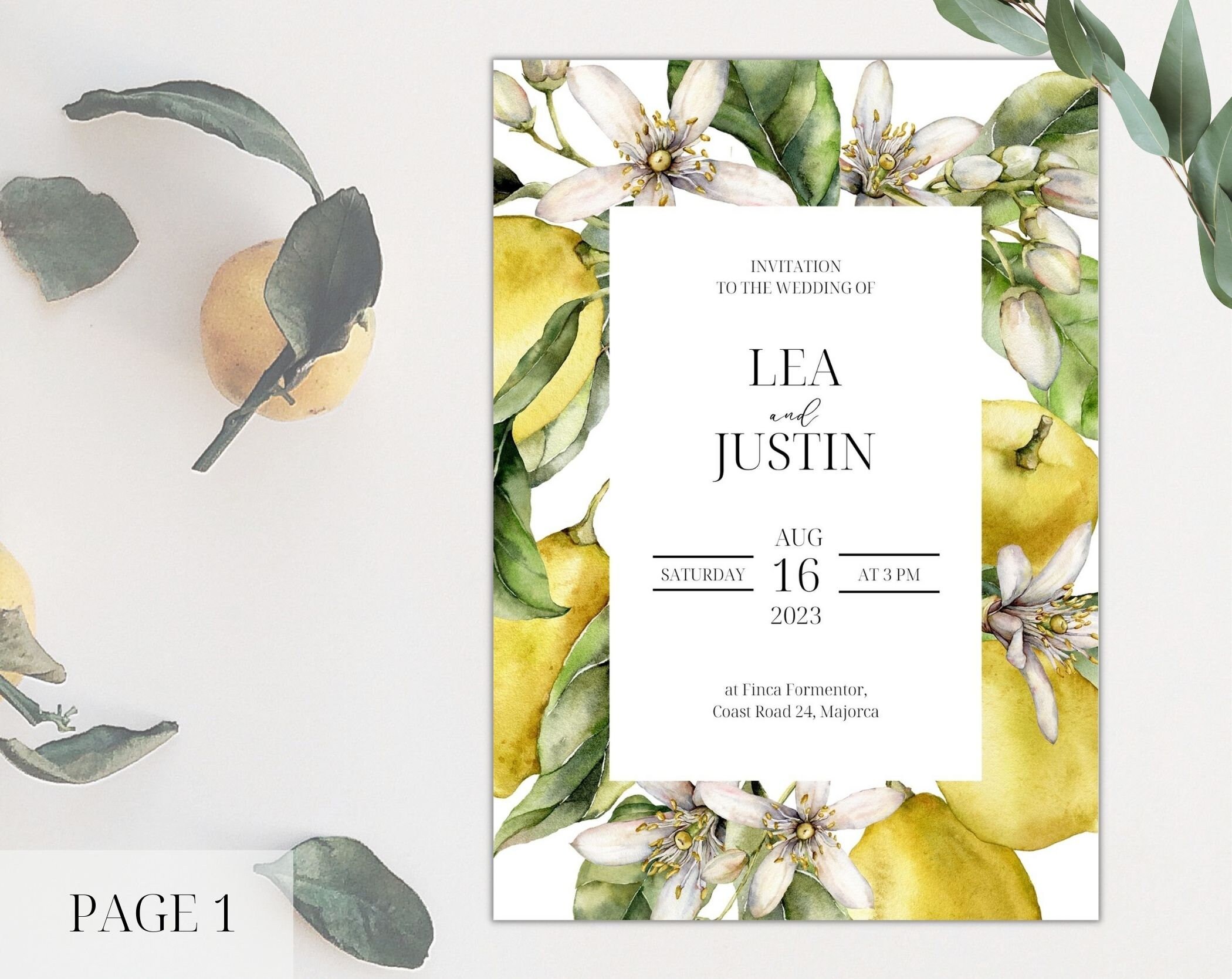 Wedding Invitation lea Design Template for Canva, Editable, Lime Lemon ...