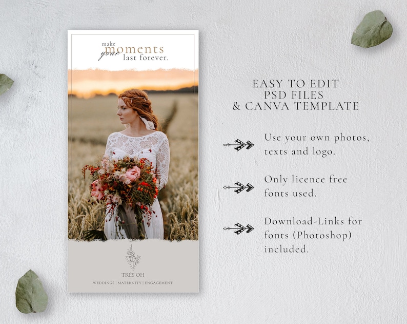 Boho Flyer Template for Canva & Photoshop, PSD Photographer Wedding ...