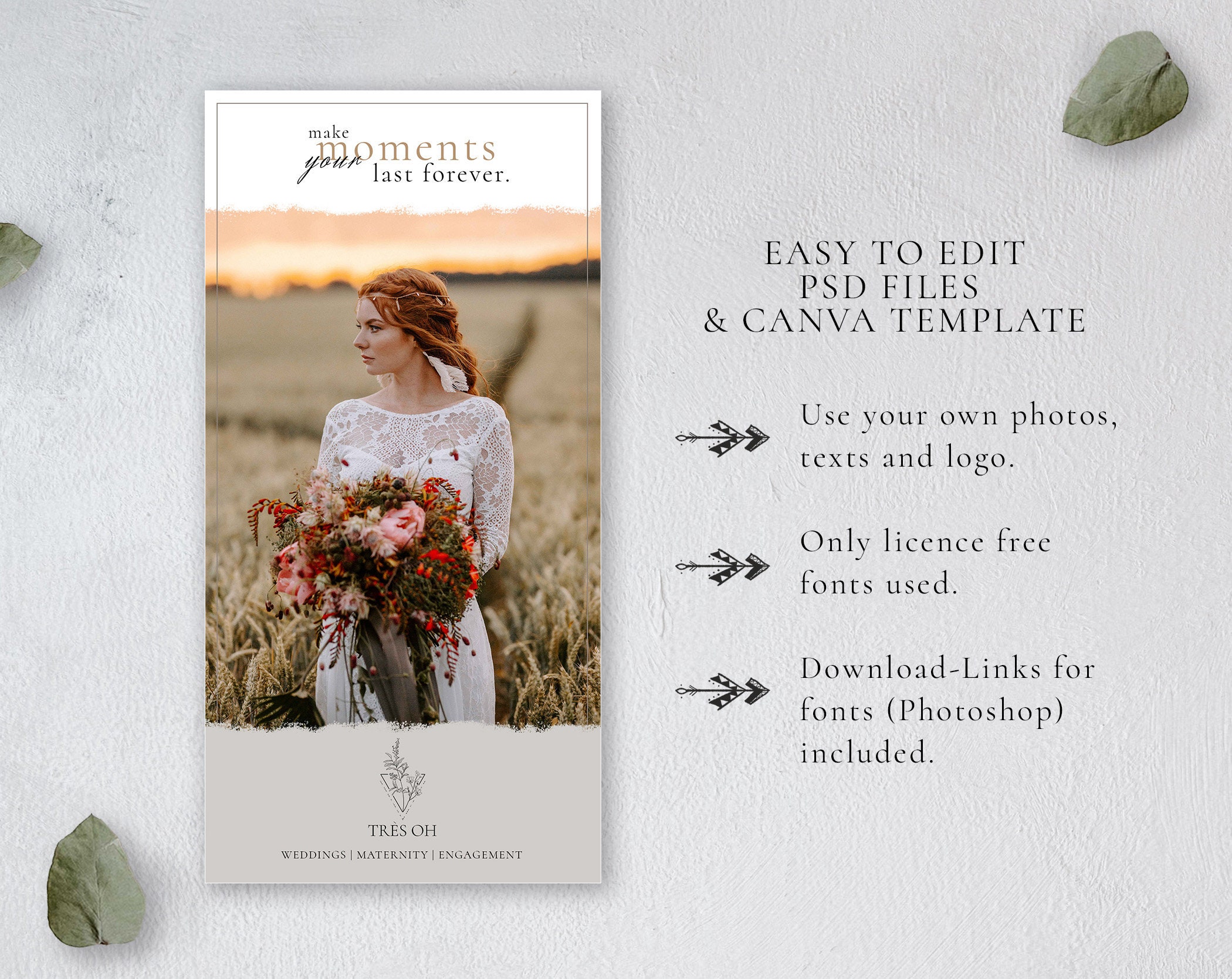 Boho Flyer Template for Canva & Photoshop, PSD Photographer Wedding ...