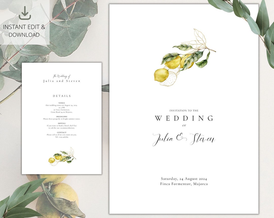 Wedding Invitation "julia" Design Template, Editable, Lime Lemon Summer ...